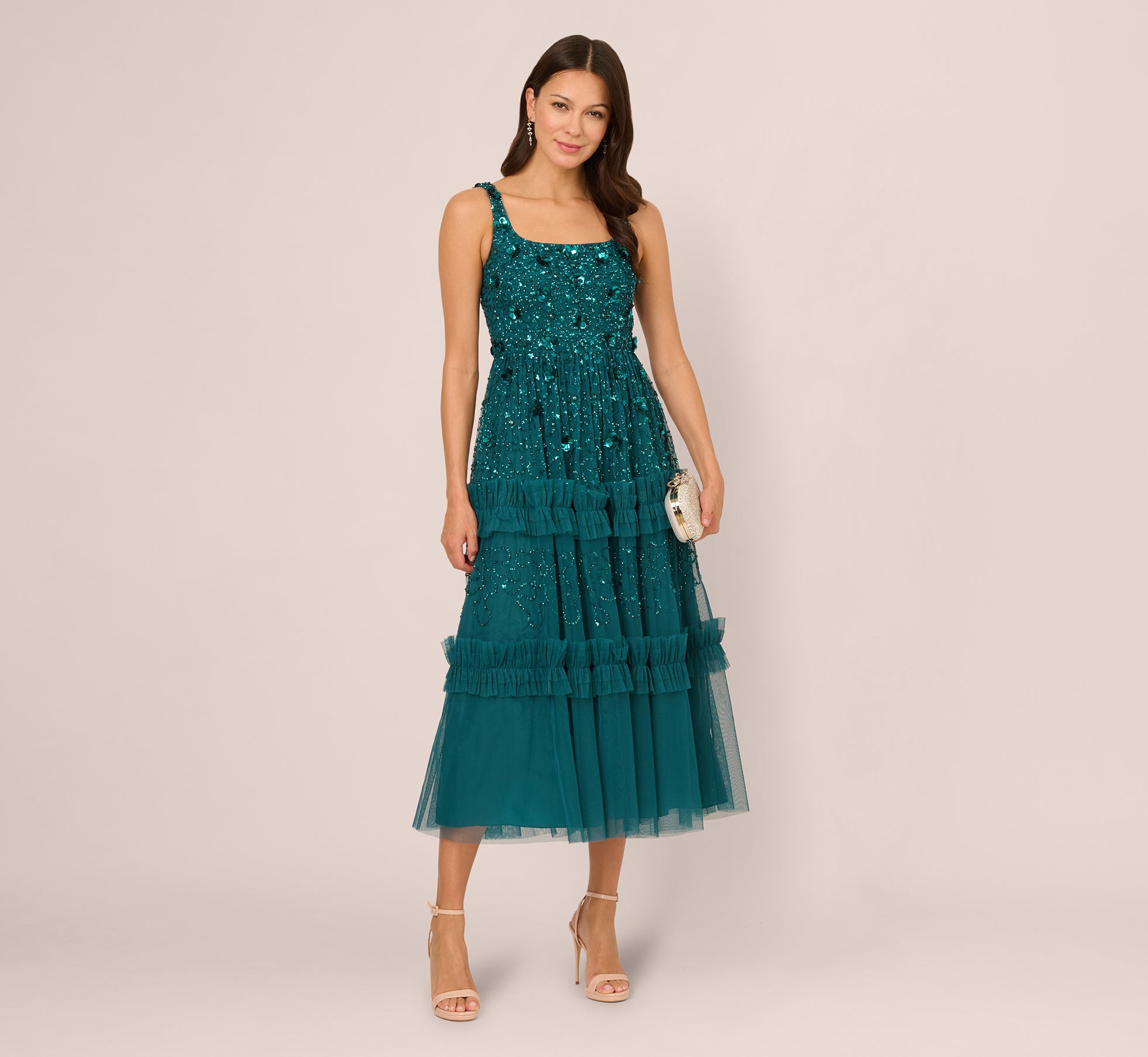 ADRIANNA PAPELL Floral Beaded Ruffle Midi Dress